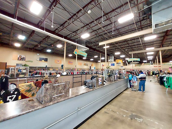 Rows upon rows of possibility stretch before you. This isn't shopping—it's an archaeological dig through modern American life.