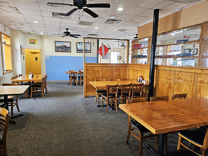 Simple wooden tables and nautical touches create that perfect "coastal casual" vibe where you can focus on what really matters: the seafood on your plate.