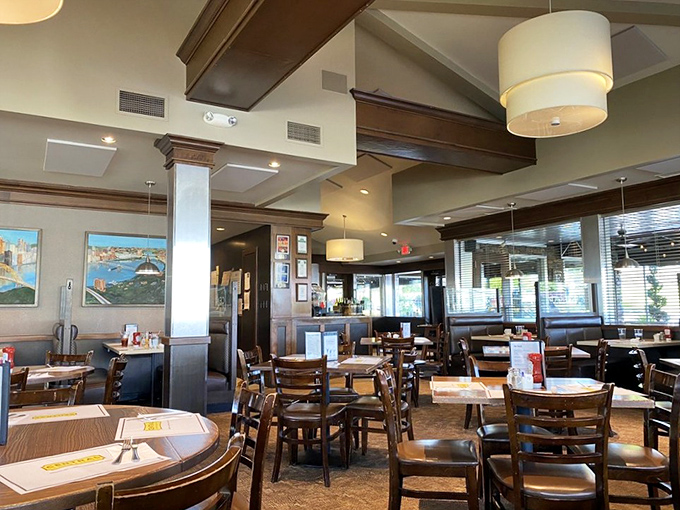 Warm wood accents and comfortable seating create the perfect backdrop for life's important decisions&mdash;like whether to order pancakes or an omelet. (Correct answer: both.)
