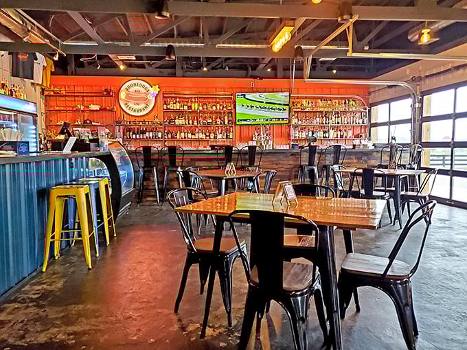 Inside, industrial chic meets bourbon country comfort&mdash;metal chairs, wooden tables, and a bar that would make any spirits enthusiast weak at the knees.