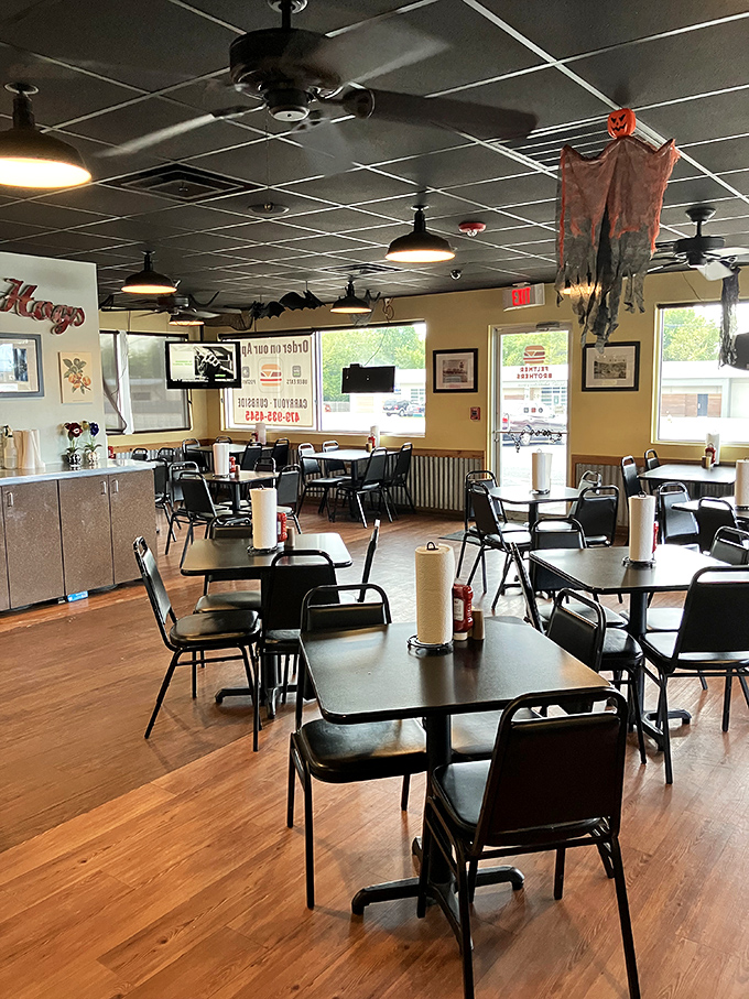 No-frills dining at its finest&mdash;black chairs, wooden floors, and ceiling fans that have witnessed countless "first bite" moments of pure joy.