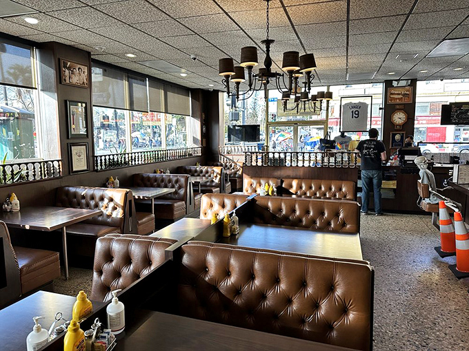 Brown leather booths worn to perfection by decades of happy diners. Like a time capsule of comfort, this interior whispers stories of countless memorable meals.