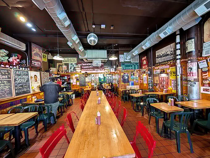 Inside, organized chaos reigns supreme. Decades of memorabilia cover every surface while the disco ball adds a touch of unexpected whimsy to this burger sanctuary.