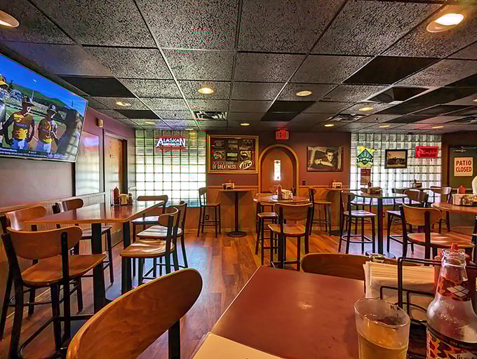 Inside, wooden tables and classic bar seating create that perfect "come as you are" atmosphere where burger dreams come true and calories don't count.