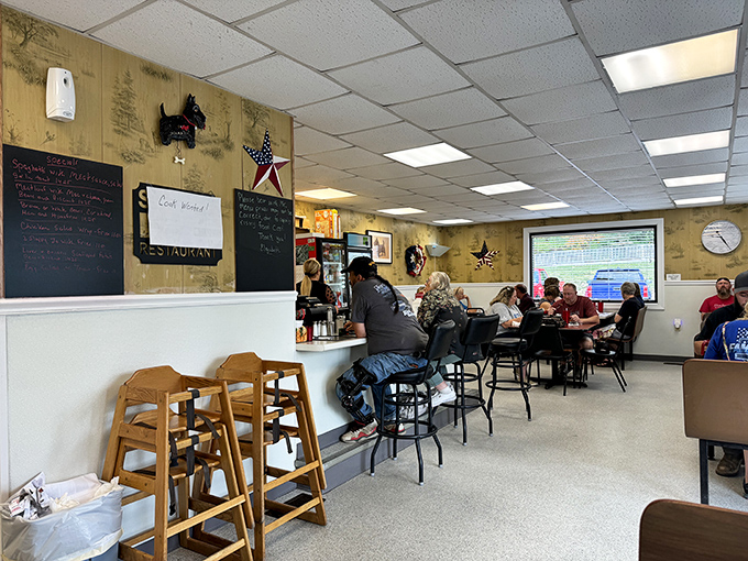 Inside Scottie's, time stands deliciously still. The blackboards, patriotic decor, and counter seating create that perfect small-town diner atmosphere.