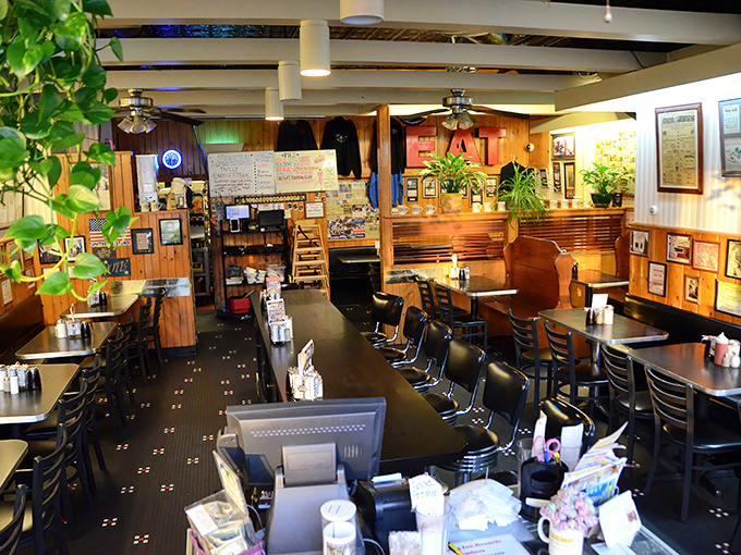 Wood-paneled walls tell stories while potted plants add homey touches. This isn't interior design &ndash; it's a time capsule of American diner culture where comfort trumps trendiness every time.