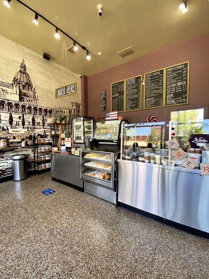 Step inside to a world where European architecture meets California charm. That mural alone is worth the visit!