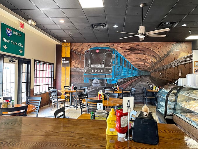 Step inside and suddenly you're in a NYC subway tunnel. That blue train isn't taking you to Manhattan, but your taste buds are definitely headed there.