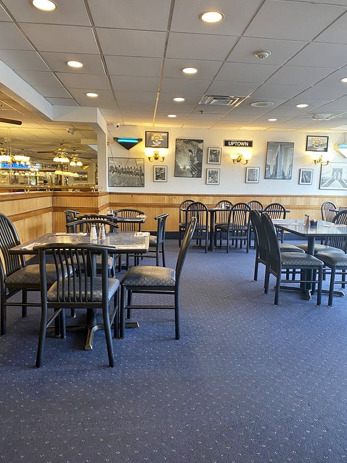 Classic New York deli nostalgia meets New Jersey comfort in Harold's dining room. The black and white photos whisper "tradition" while the tables practically shout "prepare for abundance!"