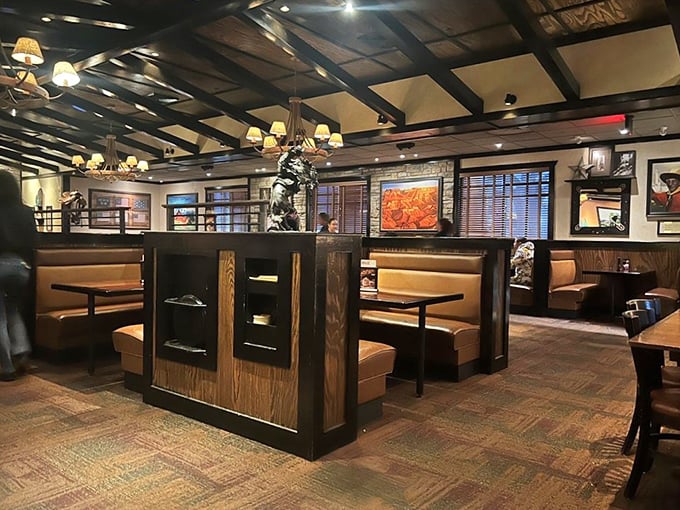 Warm wood tones, strategic lighting, and comfortable booths create that rare dining alchemy&mdash;a space that feels both spacious and intimate, like a Montana lodge teleported to Florida.