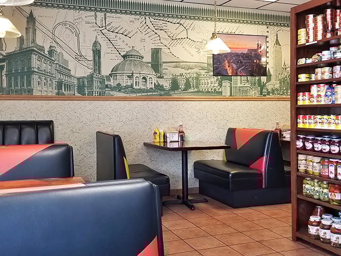 Black and red booths frame this cozy interior where Eastern European cityscapes on the wall remind you: this isn't just lunch, it's a passport to flavor.