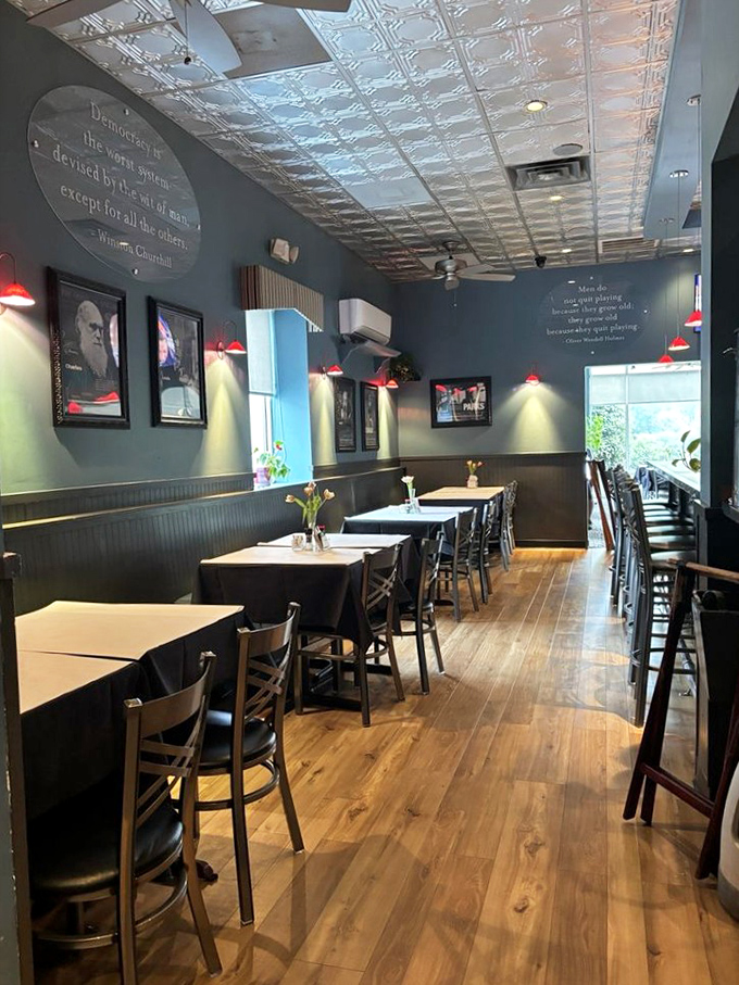 Inside, philosophical quotes adorn slate-blue walls beneath pressed tin ceilings. It's like dining in the study of that professor who always made you think&mdash;but with better food.