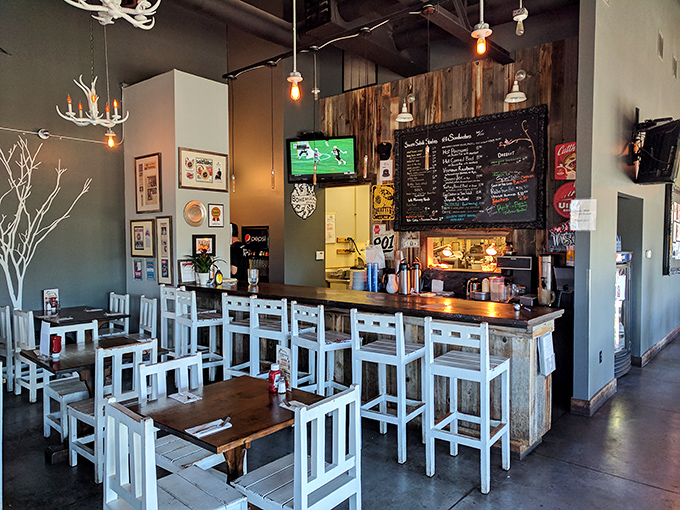 The rustic-meets-modern interior feels like the living room of that cool friend who always knows where to find the best food in town.