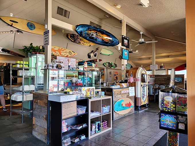Surfboards suspended from the ceiling create a laid-back vibe that says, "Relax, your perfect breakfast is about to arrive."
