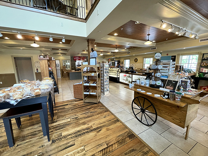 Where rustic meets refined. The bakery's interior combines wooden wagon wheels and modern display cases in a space that feels like your grandmother's kitchen&mdash;if grandma had industrial ovens.