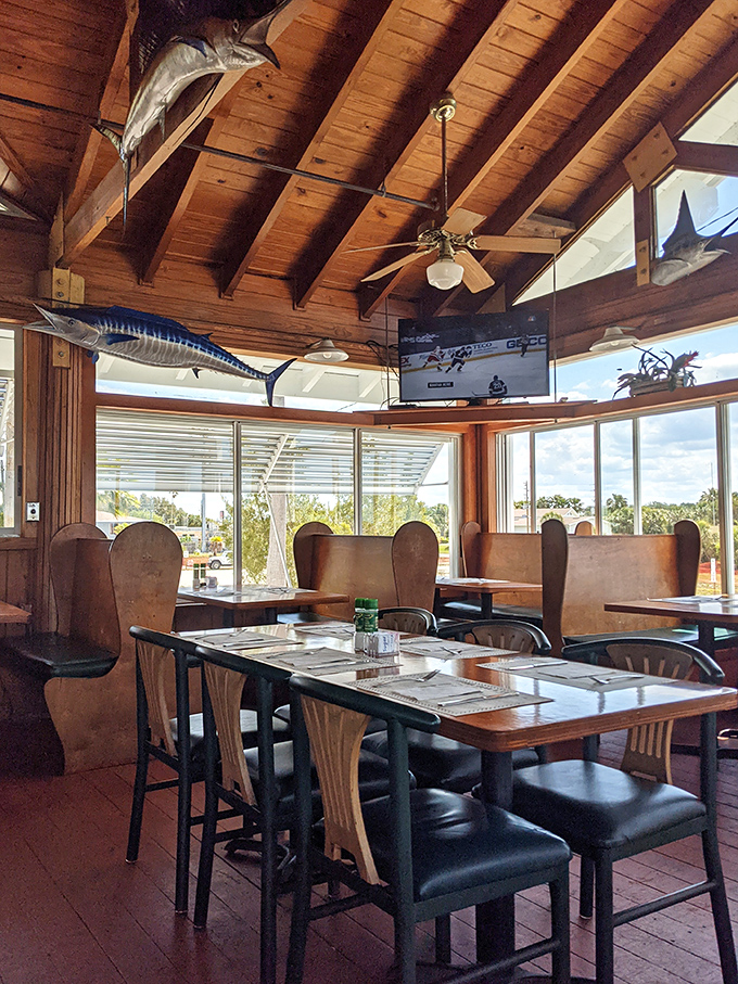 Wooden beams, mounted fish, and water views create that perfect "I've discovered something special" atmosphere that makes vacation stories worth telling.