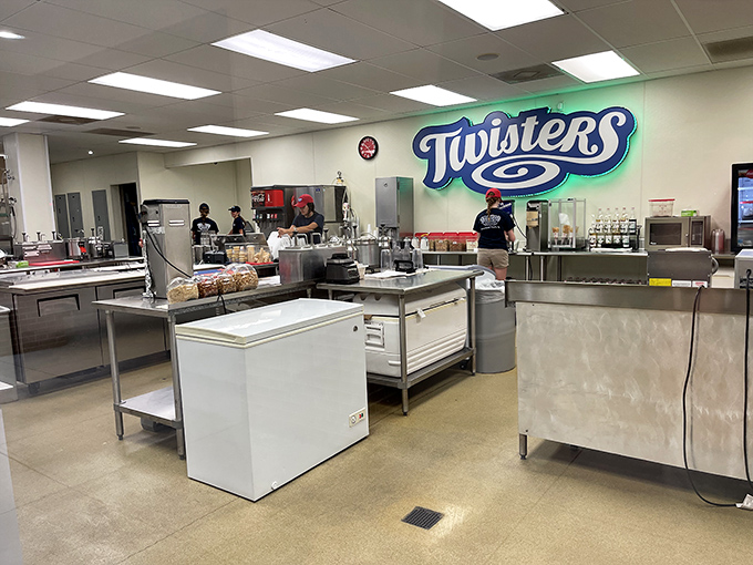 Behind the scenes magic where custard dreams come true. The gleaming equipment and spotless workspace reveal the serious business of creating joy.