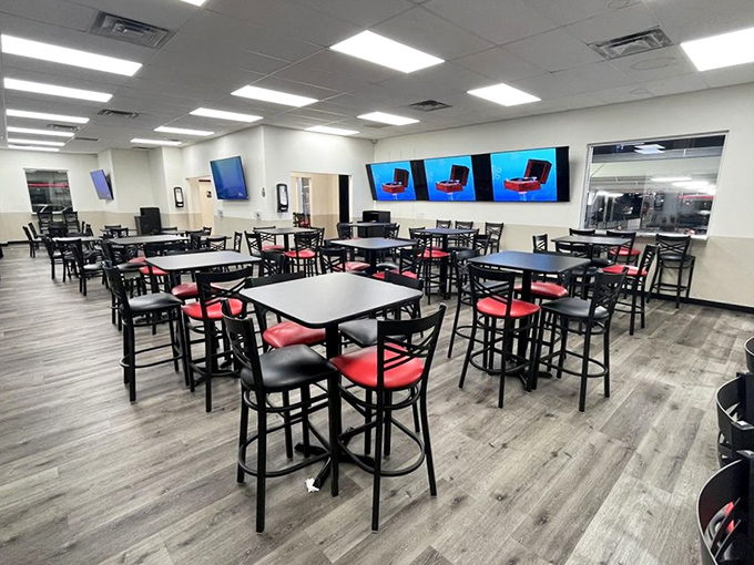 Clean lines, red accents, and multiple TVs&mdash;this isn't your abuela's taqueria. Modern comfort meets traditional flavors in this surprisingly sleek dining room.