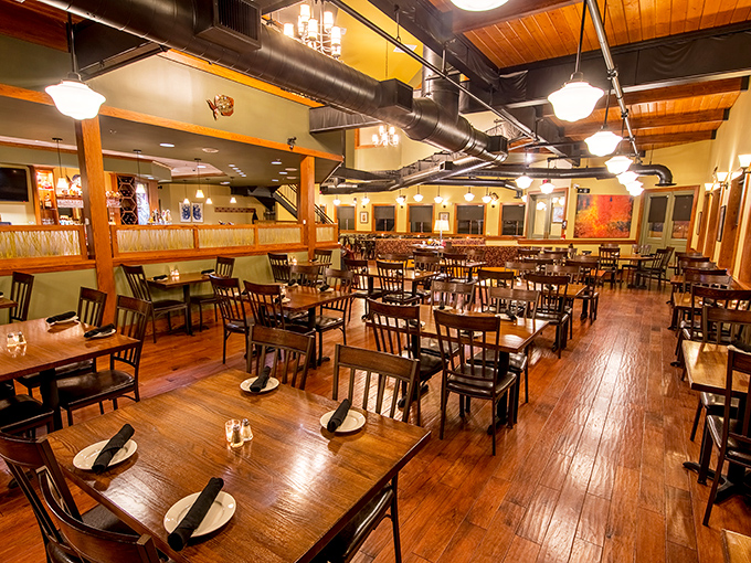Warm wooden tables, exposed beams, and just the right lighting create that rare dining atmosphere where you can actually see your food and your dining companions. Revolutionary concept!