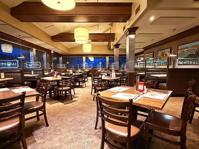 Warm wood tones and soft lighting create the perfect backdrop for life's important discussions: what to order next and who gets the last bite.