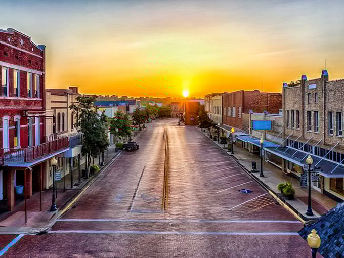 Sunset paints the brick streets gold in downtown Nacogdoches. This isn't a movie set&mdash;it's everyday magic in Texas's oldest town.