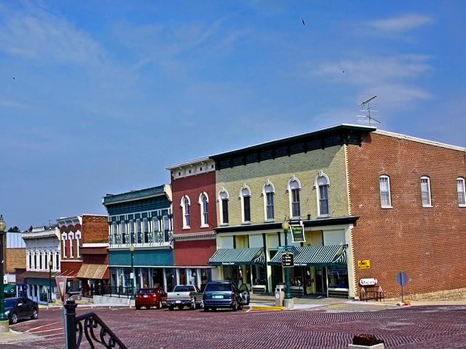 A rainbow of historic storefronts lines Mount Carroll's downtown, each building telling its own century-old story through ornate cornices and weathered brick.