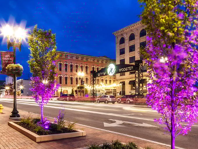 When the sun goes down, Wooster lights up with a purple glow that makes Main Street look like the Midwest's answer to Broadway &ndash; minus the $300 theater tickets.