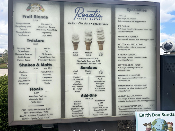 The menu board—a roadmap to happiness with destinations like "Butter Pecan Delight" and "Brownie A La Mode." Choose your adventure wisely.