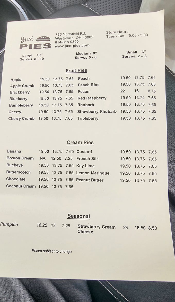 A menu that reads like poetry to dessert lovers&mdash;simple, straightforward, and promising nothing but pure pie perfection.