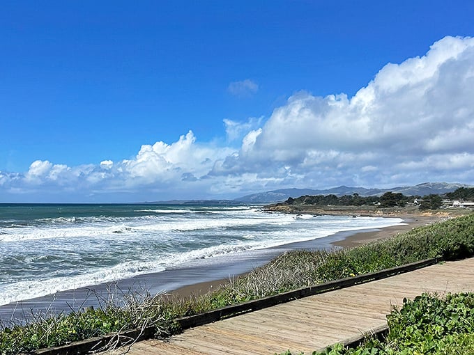 Mother Nature showing off again at Moonstone Beach, where the waves perform their endless dance against a backdrop of Central Coast majesty.
