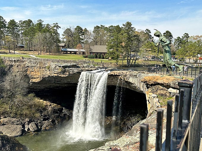 Nature's ultimate showstopper: Noccalula Falls plunges 90 feet into the gorge below, while a bronze statue tells the tragic Cherokee legend that gives the falls their name.
