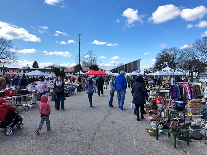 Weekend warriors navigate the maze of possibility, where every aisle promises discovery and every table holds someone's future conversation piece.