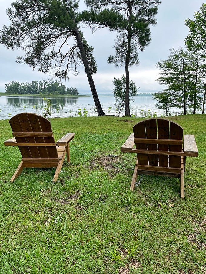 Two Adirondack chairs facing paradise &ndash; the universe's subtle way of saying "sit down and stay awhile." 