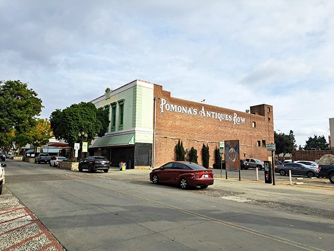 "Pomona's Antiques Row" isn't just a sign&mdash;it's an invitation to step back in time where every brick seems to whisper stories from decades past.
