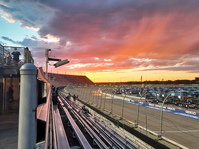 Sunset over Darlington's legendary oval &ndash; where dreams and metal meet at 170 mph under Carolina skies.
