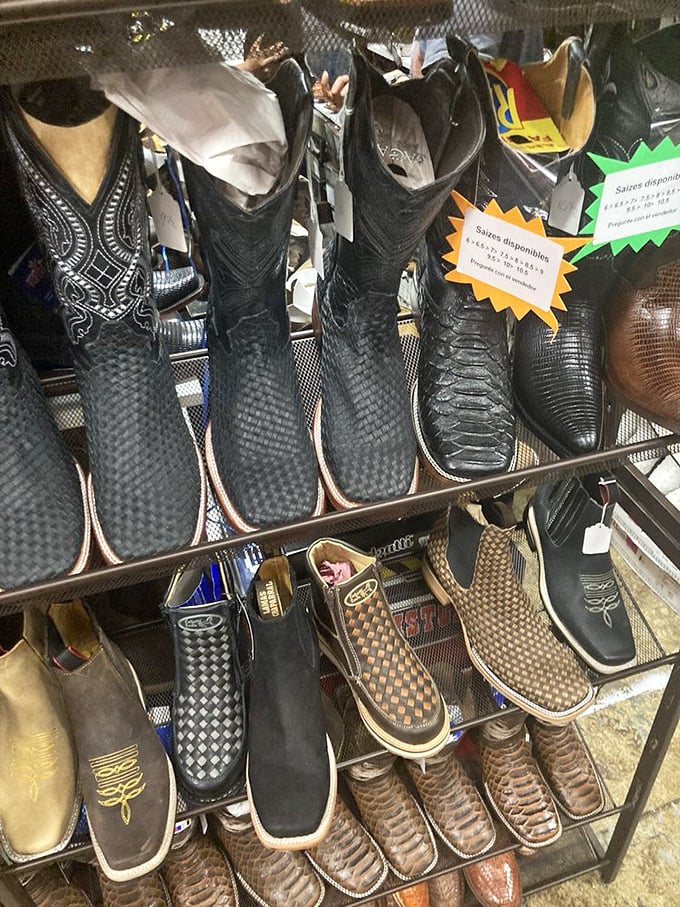 Boot heaven exists, and it's in Salem! These meticulously arranged western and work boots stand ready for their next adventure, whether ranch or roadhouse.