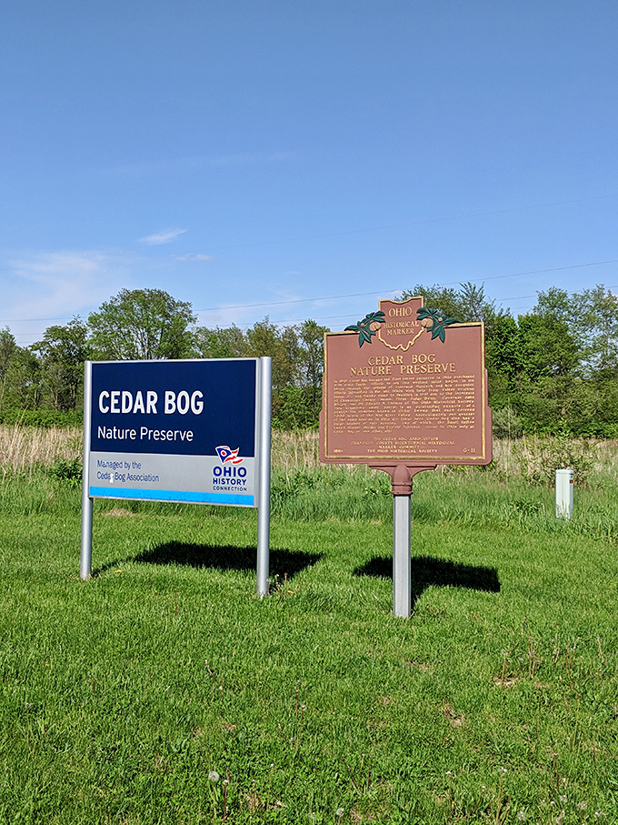 The preserve's entrance signs reveal Cedar Bog's ironic secret – it's actually a fen where water flows through, not a bog where water sits stagnant.