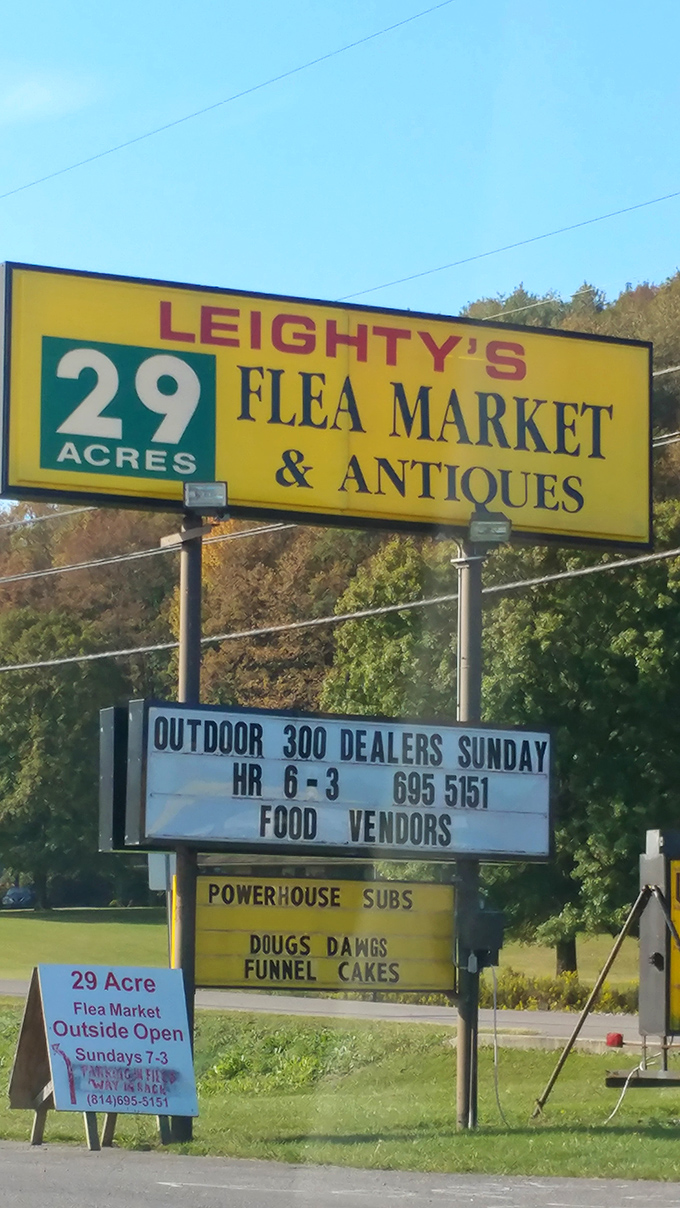 The iconic yellow sign promises 29 acres of possibility every Sunday. Three hundred dealers and funnel cakes? That's the Pennsylvania version of paradise.
