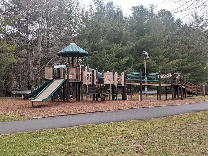 Who says playgrounds are just for kids? Tate-Evans Park offers recreation for all ages, where grandparents can either join in or conveniently "rest their knees."
