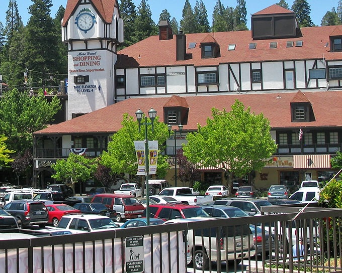 Lake Arrowhead Village's distinctive clock tower stands sentinel over the shopping area, promising retail therapy with a side of mountain air.