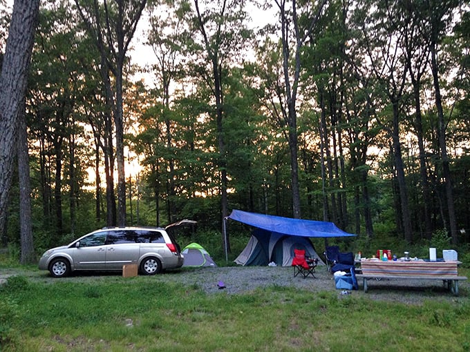 Camping nirvana achieved: where your morning coffee comes with a side of dappled sunlight and birdsong symphony.