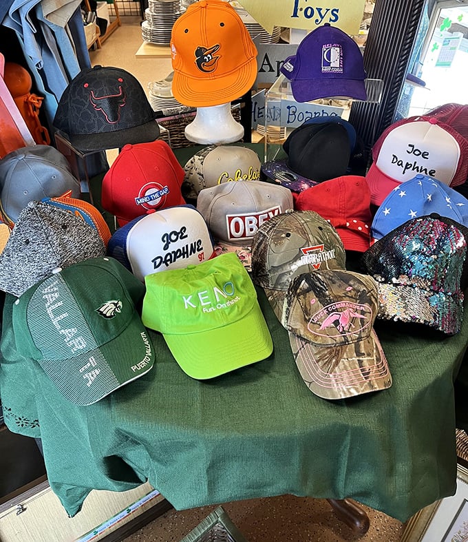 Baseball caps tell stories of vacations, team loyalties, and fashion choices. This collection at New Life offers headwear histories waiting to be continued.