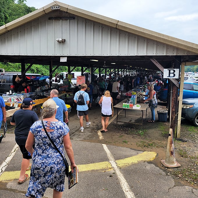 Welcome to bargain paradise. Shoppers navigate the covered pavilion where every table holds potential discoveries waiting to be unearthed.