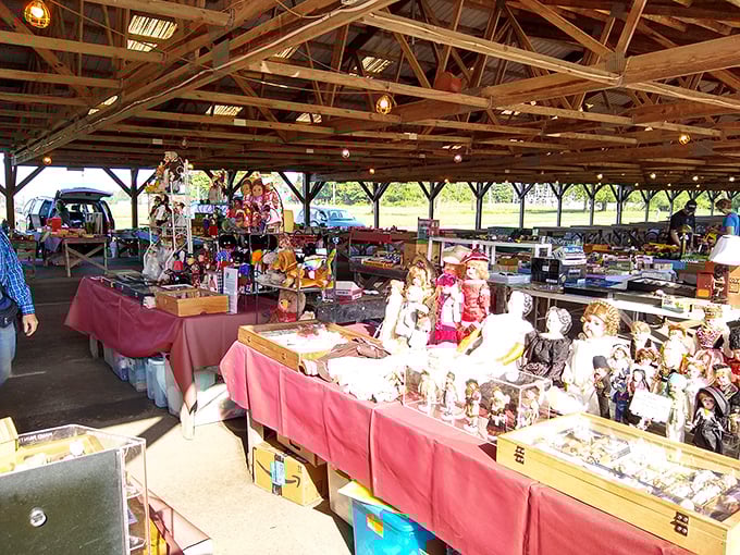 A colorful army of dolls stands at attention, silently waiting for collectors to rescue them from their red-tablecloth purgatory.