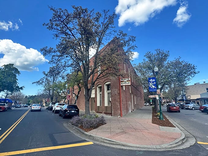Brick buildings and blue skies frame downtown's corner where locals actually know shopkeepers by name, not just their Instagram handles.