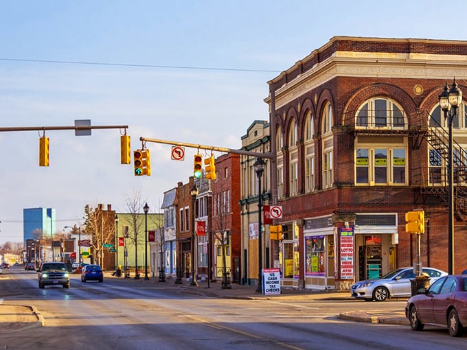 Neighborhood commercial districts like this one showcase Toledo's small-town charm within a mid-sized city. These brick-fronted shops have witnessed generations of Toledoans going about their daily business.