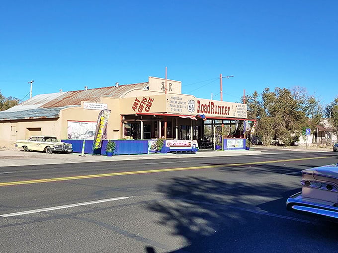 The RoadRunner gift shop beckons travelers with its weathered charm—a desert mirage that actually delivers on its promise of nostalgic treasures.