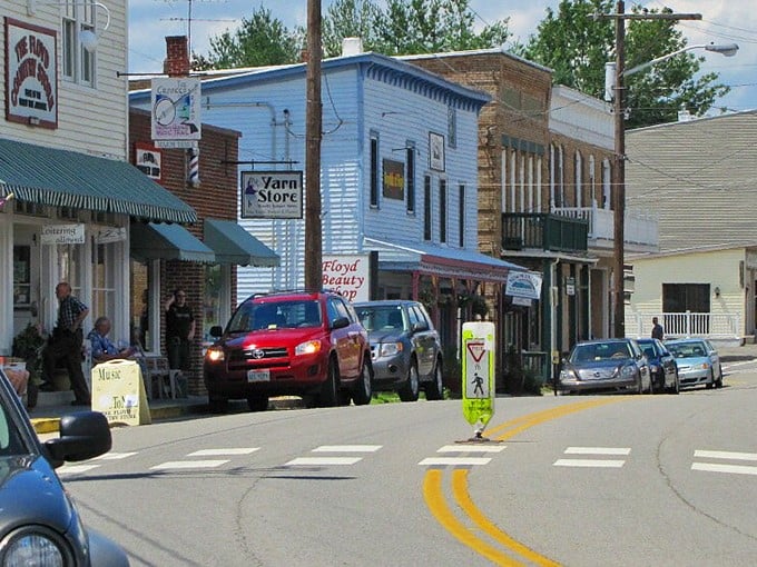 Colorful storefronts line Floyd's walkable downtown, where the Yarn Store and Beauty Shop prove some treasures can't be found on Amazon.