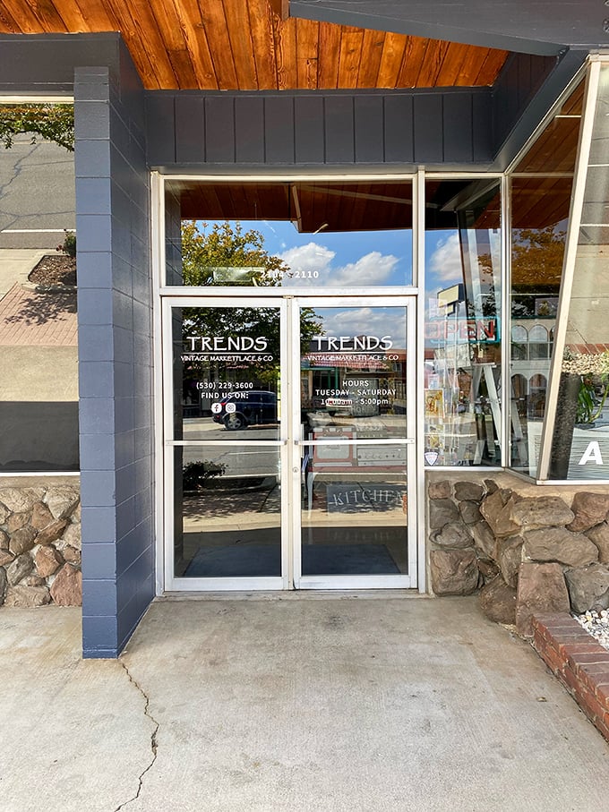 Step through these doors and prepare for a time-traveling adventure. The wooden ceiling overhang and stone accents hint at the rustic treasures awaiting discovery inside.