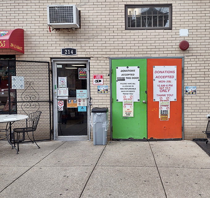 Those colorful donation doors&mdash;one green, one orange&mdash;serve as the gateway where yesterday's belongings begin their journey toward tomorrow's homes.